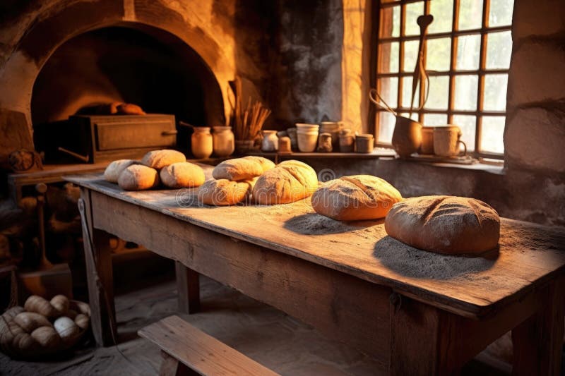 Rustic Bread Loaves Cooling on Wooden Table Near Oven Stock ...