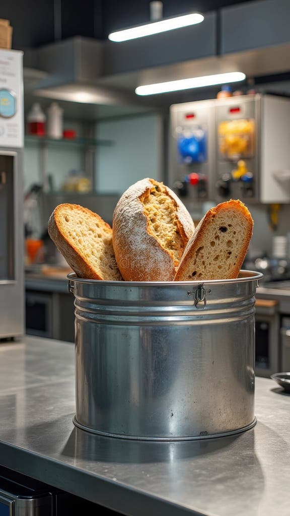 Rustic Bread Loaves in Metal Container on Kitchen Countertop with Soft ...