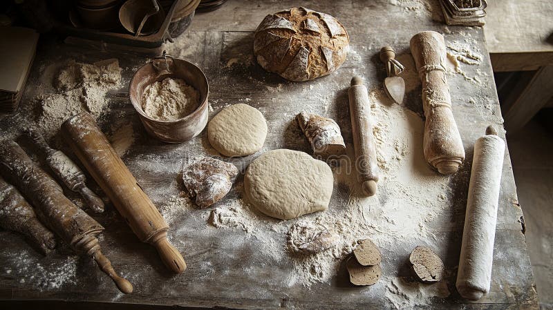 A Rustic Bread-making Class with Dough, Flour, and Rolling Pins Neatly ...