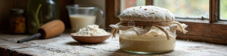 Rustic Bread Making Scene with Sourdough Starter and Flour in Cozy ...