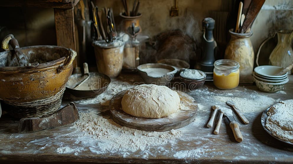 A Rustic Bread-making Workshop with Kneaded Dough and Flour-covered ...