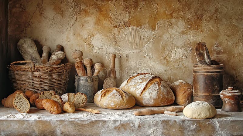 A Rustic Bread-making Workshop with Kneaded Dough and Flour-covered ...