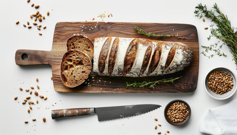 Rustic Bread Presentation on Wooden Board with Knife, Wheat Grains, and ...