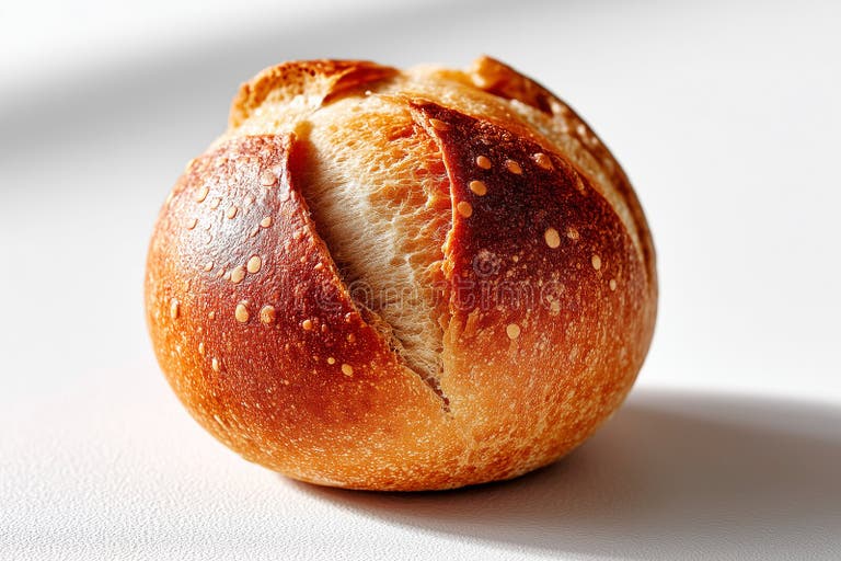 Rustic Bread Roll with Crust Bubbles Sits Alone on Clean White Surface ...