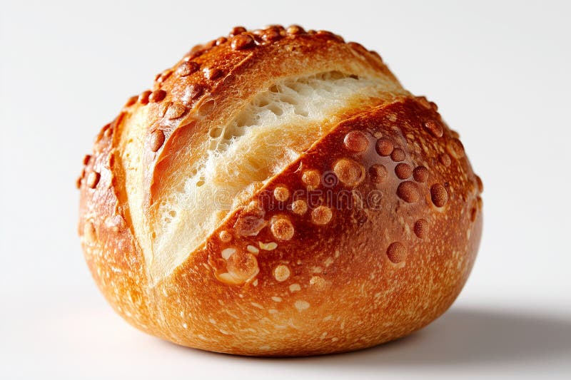 Rustic Bread Roll with Crust Bubbles Sits Alone on White Surface. Focus ...