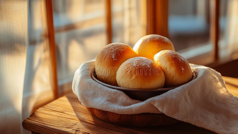 Rustic Bread Rolls Baked in a Cast Iron Skillet on a Wooden Table ...