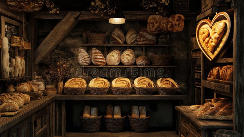 A Rustic Bread Shop with Loaves Arranged in Heart-shaped Baskets Stock ...
