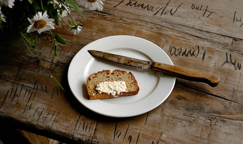 Rustic Bread Slice with Butter on Vintage Table Stock Photo - Image of ...