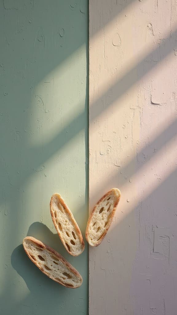 Rustic Bread Slices on Textured Green and Pink Background with Dramatic ...