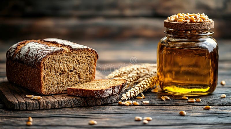 Rustic bread and wheat oil stock illustration. Illustration of diet ...