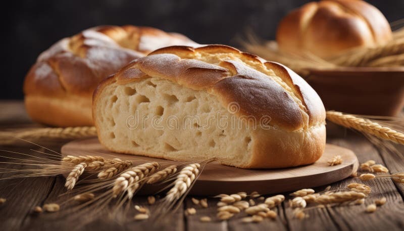 Rustic Bread and Wheat on Vintage Wood Table Stock Illustration ...