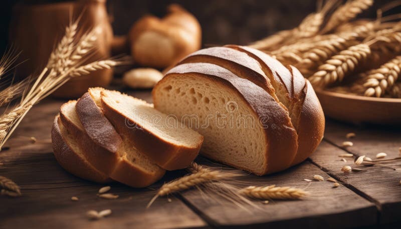 Rustic Bread and Wheat on Vintage Wood Table Stock Illustration ...