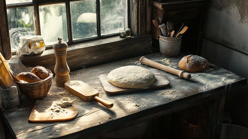 A Rustic Breadmaking Bench with Dough, Flour, and a Rolling Pin Stock ...