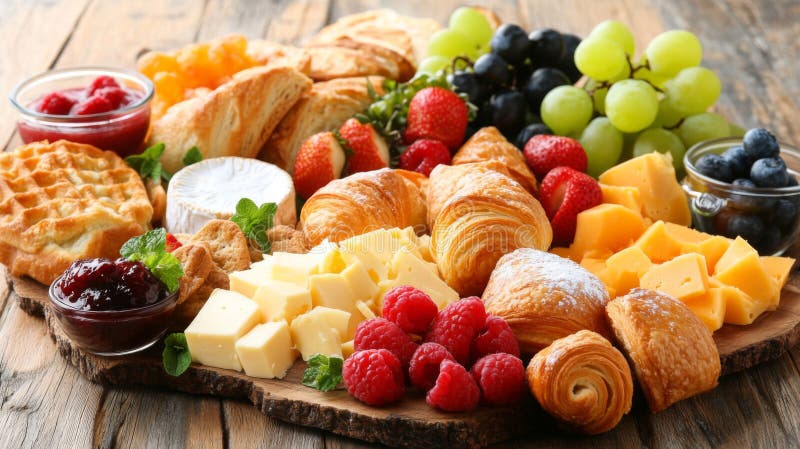 Rustic Breakfast Board with Pastries Fruit and Cheese Stock ...