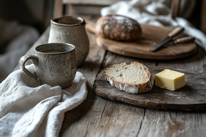 Rustic Breakfast with Bread, Butter and Coffee on Wooden Table Stock ...