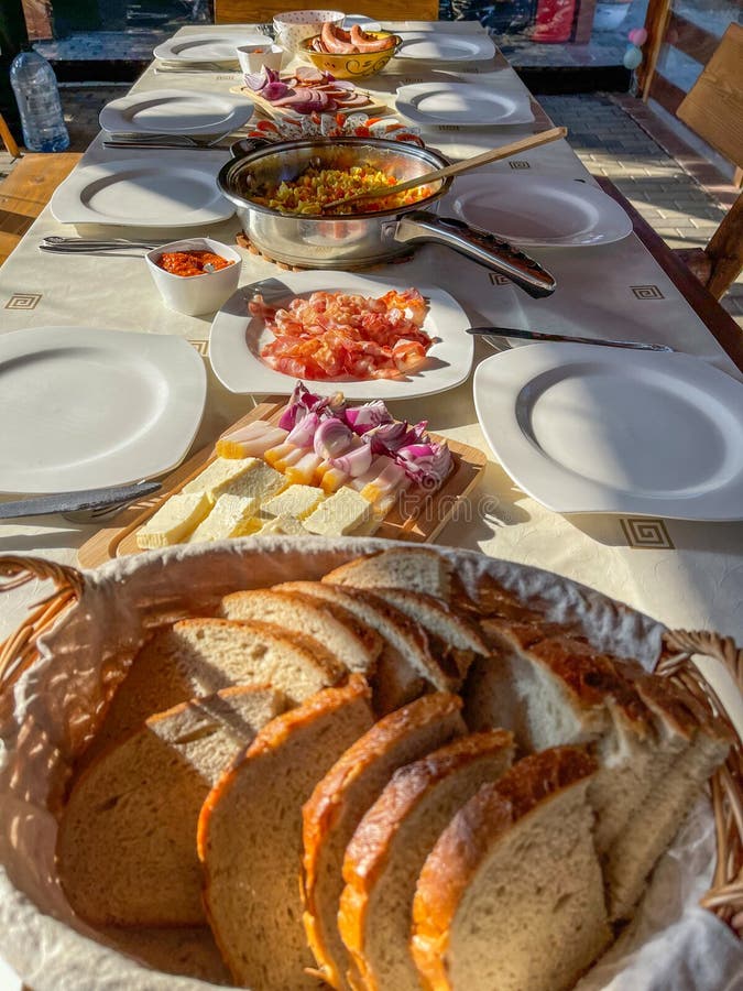 Rustic Breakfast at the Campsite for Several Tourists Stock Photo ...