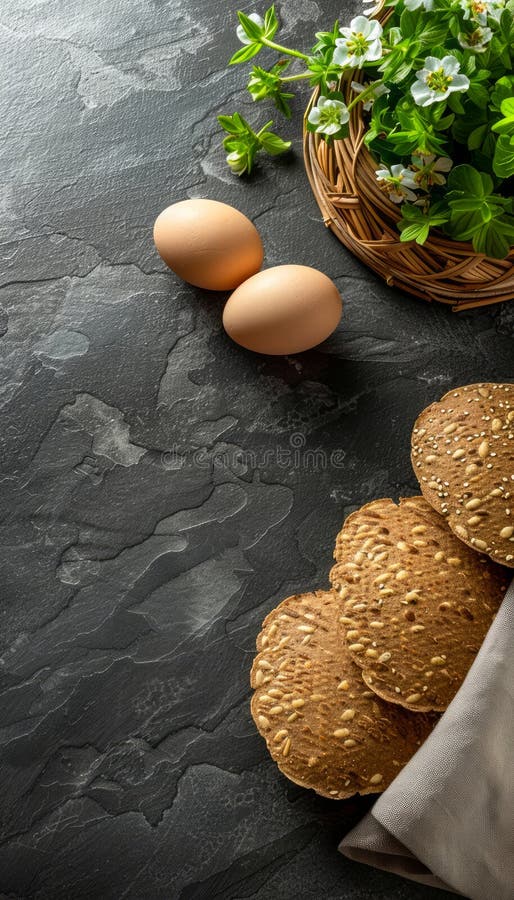 Rustic Breakfast Composition with Eggs, Bread, and Spring Flowers in ...