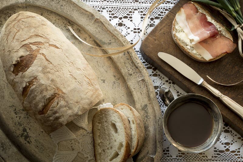 Rustic Breakfast - Cup of Tea and Slice of Bread with Ham Stock Image ...