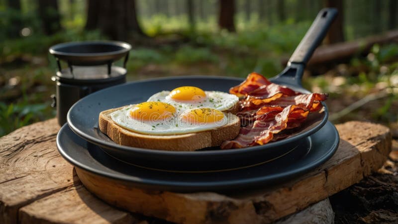 A Rustic Breakfast of Eggs and Bacon Served in the Woods Stock ...