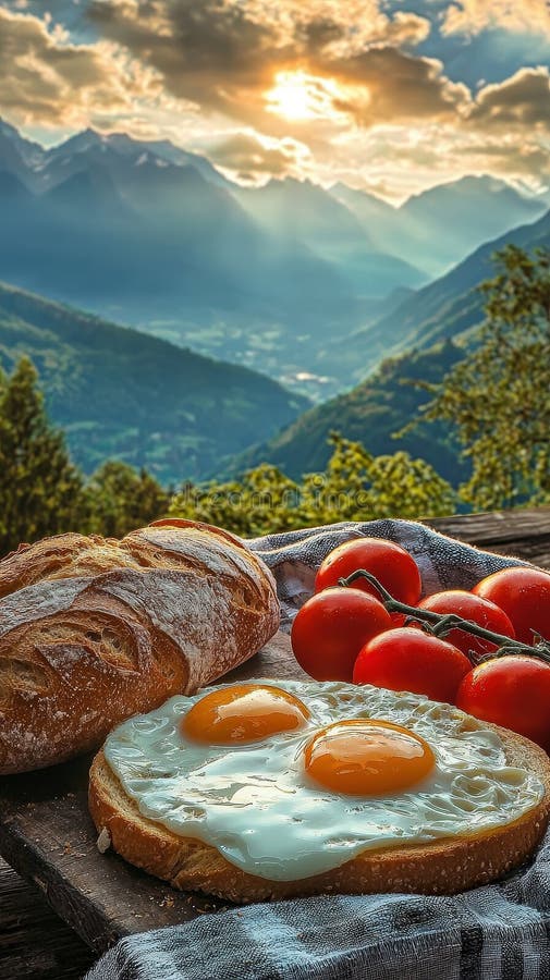 Rustic Breakfast with Eggs and Bread in Mountain Landscape Stock Photo ...