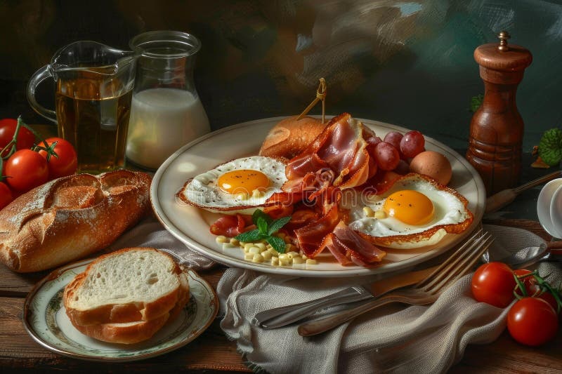 Rustic Breakfast Feast with Eggs and Bacon Stock Image - Image of milk ...