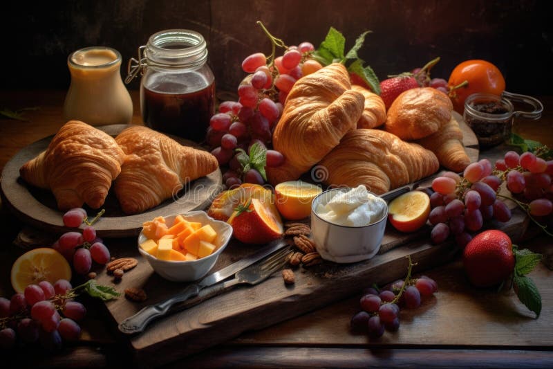 Rustic Breakfast Platter with Croissants and Jams Stock Illustration ...