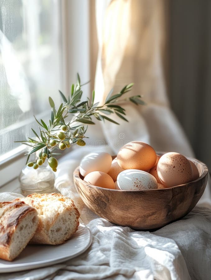 Rustic Breakfast Scene with Eggs and Bread in Natural Light. Stock ...