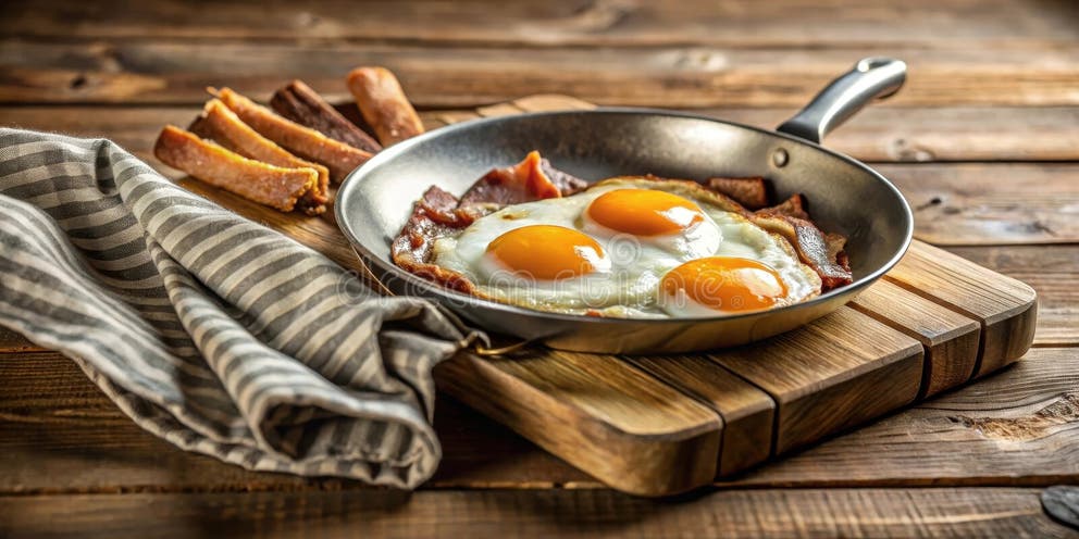 A Rustic Breakfast Scene Featuring Fried Eggs and Crispy Bacon in a Pan ...