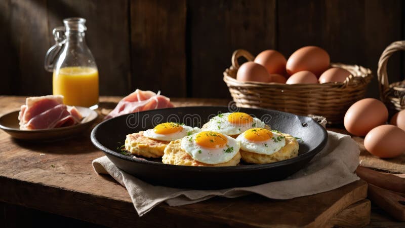 A Rustic Breakfast Scene Featuring Fried Eggs, Ham, and Fresh Eggs in a ...