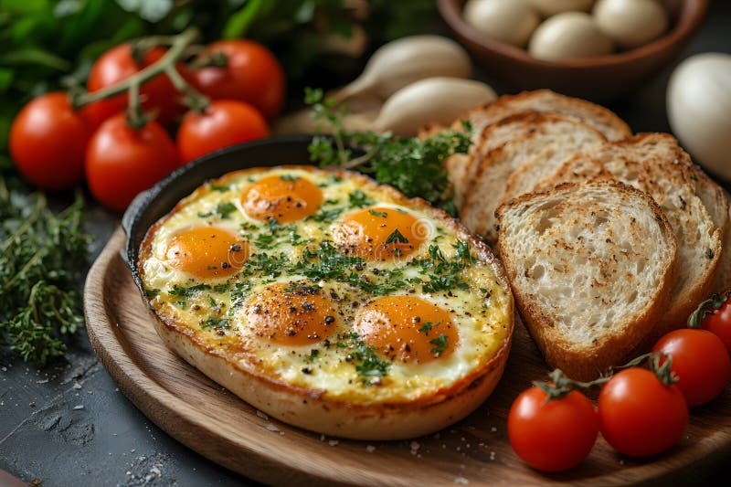 Rustic Breakfast Spread with Baked Eggs and Fresh Vegetables - Perfect ...