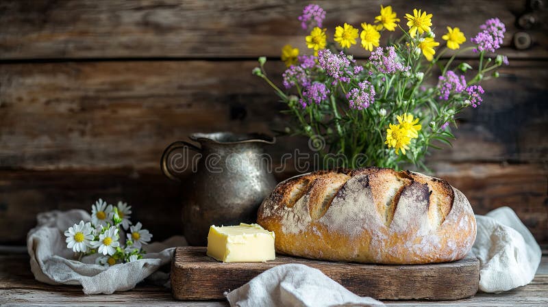 A Rustic Breakfast Scene with a Loaf of Bread, Butter, and a Small ...