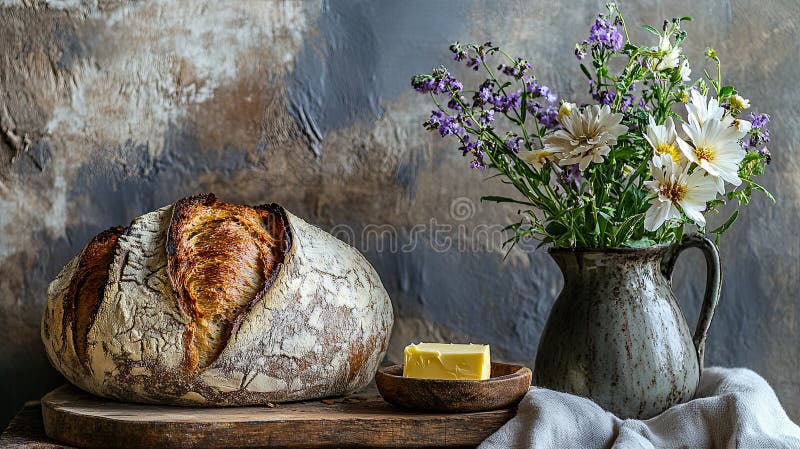 A Rustic Breakfast Scene with a Loaf of Bread, Butter, and a Small ...