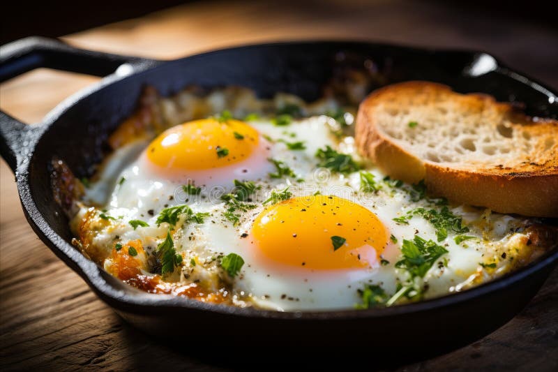 Rustic Breakfast Scene with Sizzling Bacon and Eggs in Cast Iron ...