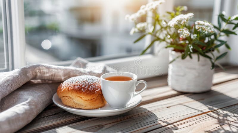 Rustic Breakfast Scene with Sunlight on Tea Cup and Bread with Butter ...