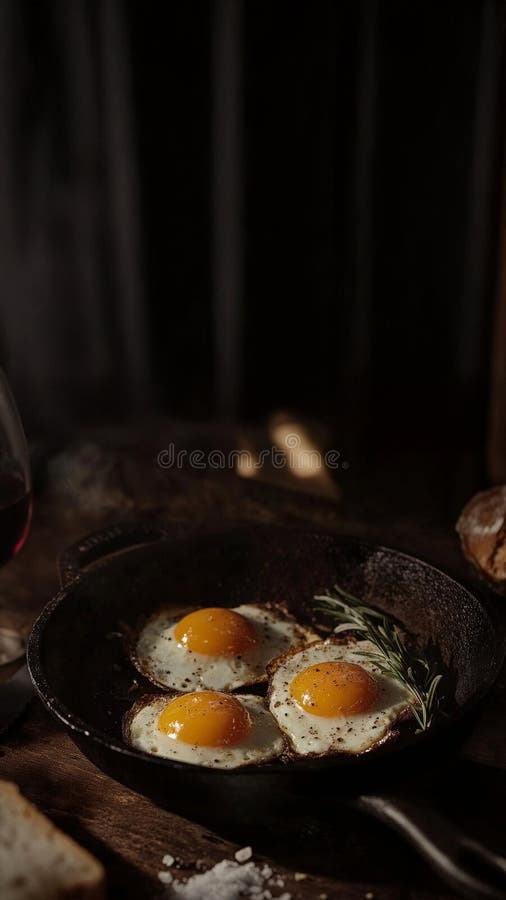 Rustic Breakfast Scene with Three Fried Eggs in Cast Iron Skillet Stock ...