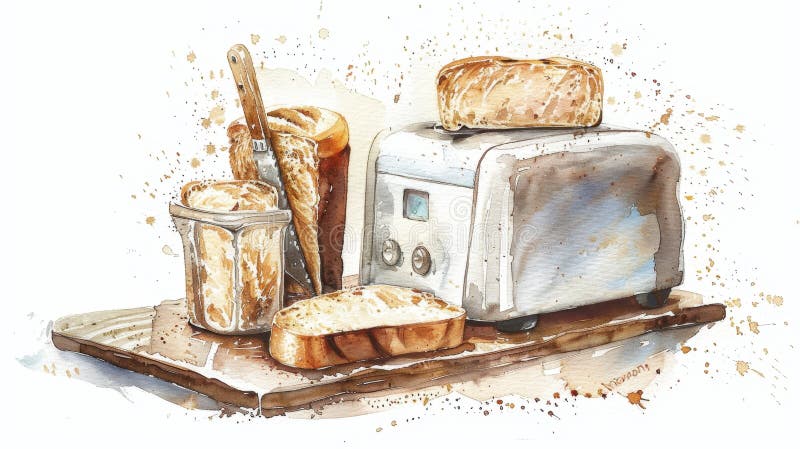 Bread Machine Baking Month Rustic Breakfast Scene with Toaster, Bread ...
