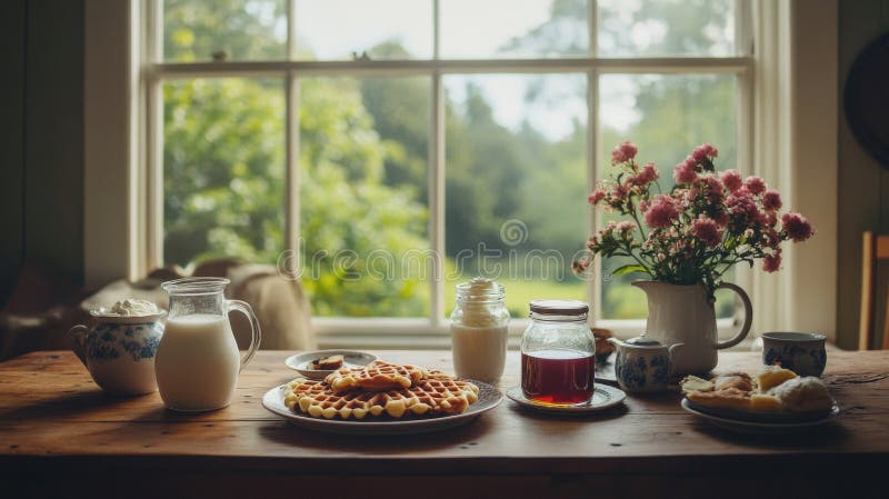 Rustic Breakfast Scene by Window with Waffles and Flowers Stock ...