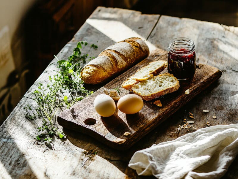 Rustic Breakfast Setting with Bread, Eggs, and Jam on Wooden Table ...