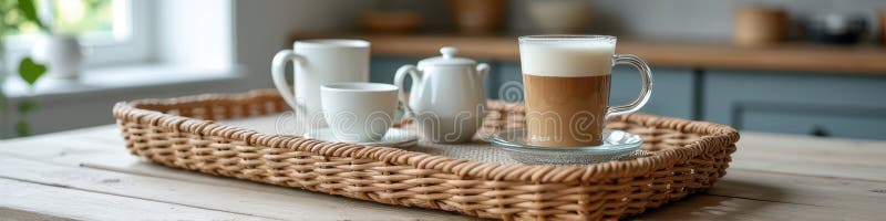 Rustic Breakfast Setting with Coffee Cups and Teapot on Wooden Tray in ...