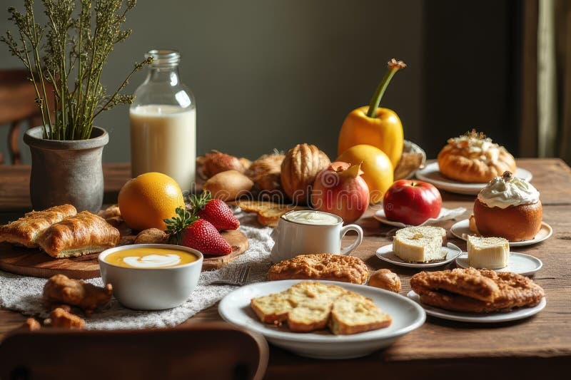 Rustic Breakfast Setting Featuring Diverse Edibles Stock Illustration ...