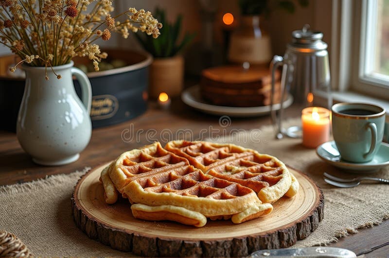 Rustic Breakfast Setting with Fresh Waffles, Coffee, and Candlelight ...