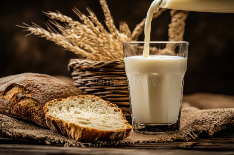 Rustic Breakfast Setting with Freshly Baked Bread, Glass of Milk, and ...
