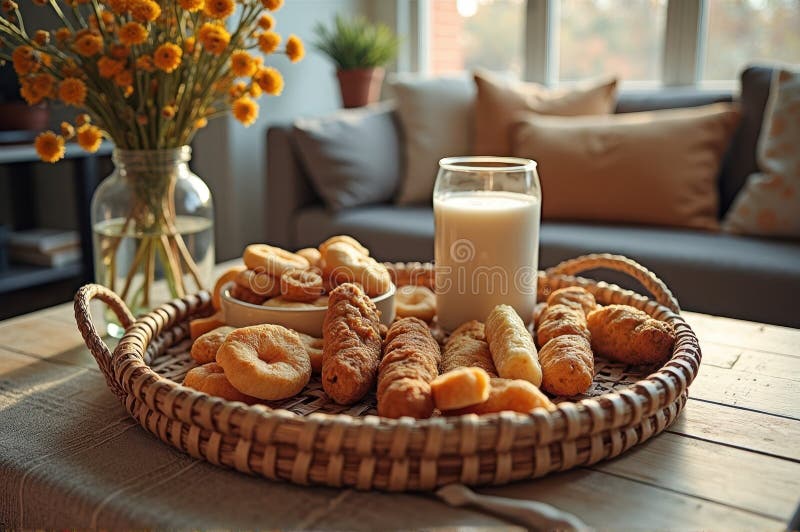 Rustic Breakfast Setting with Pastries and Milk on Woven Tray in Cozy ...