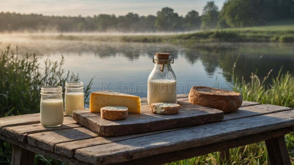 Rustic Sunrise Dairy Breakfast: Milk, Cheese, and Bread by the Lake ...