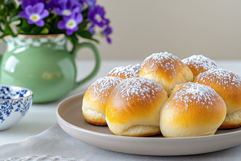 Rustic Breakfast Setup Featuring Delicious Bread Rolls with a Green ...
