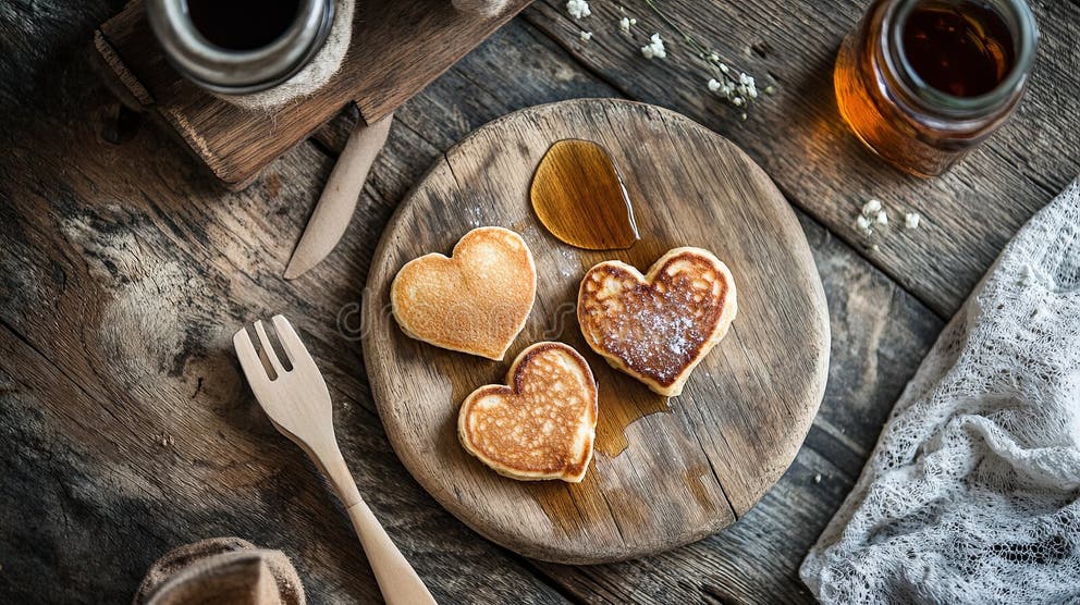 A Rustic Breakfast Setup with Heart-shaped Pancakes and Maple Syrup ...