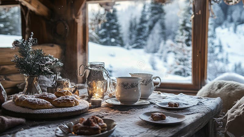 A Rustic Breakfast Setup with Hot Cocoa and Pastries in a Snowy Stock ...