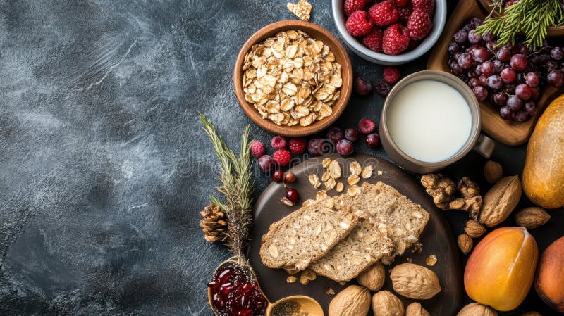 Rustic Breakfast Setup with Milk, Bread, Nuts, and Dried Fruits on Dark ...