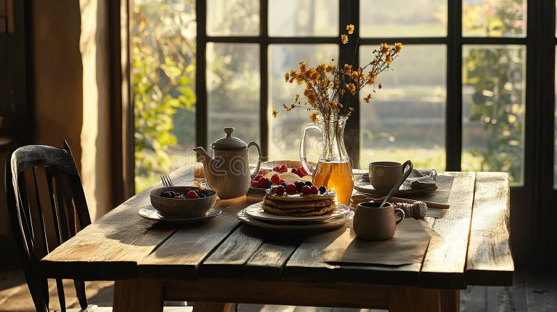 A Rustic Breakfast Setup with Pancakes, Syrup, and Fresh Berries on a ...
