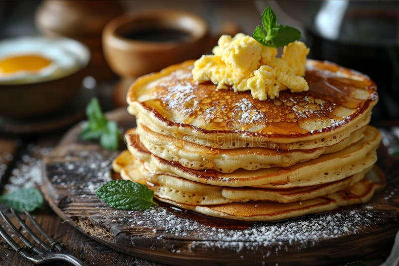 Rustic Breakfast Setup with a Stack of Pancakes, Scrambled Eggs, and a ...